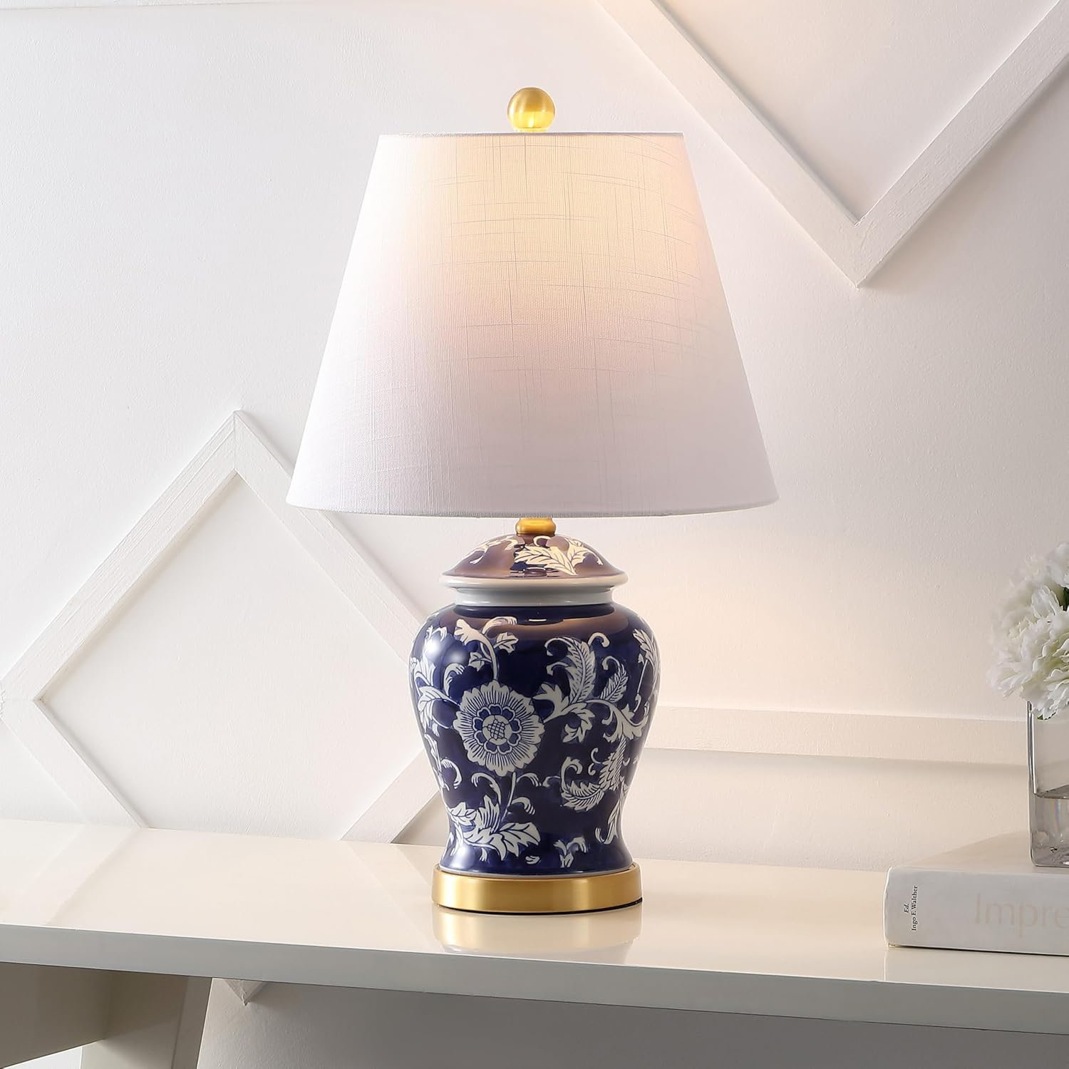 Rosdorf Park Ginger Jar Table Lamp - 22" Ceramic/Iron Navy Blue & White Chinoiserie Led Lighting ...